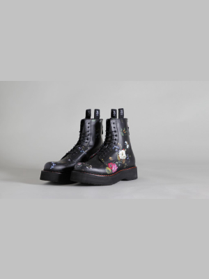 R13 Denim Single Stack Boot - Black Floral - Autumn