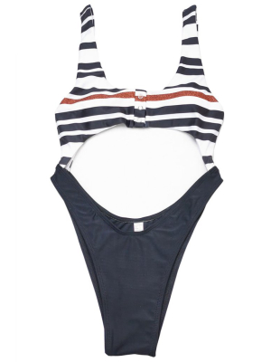 BikiniShe Nautical Stripe High Leg Cutout One Piece Swimsuit - Autumn